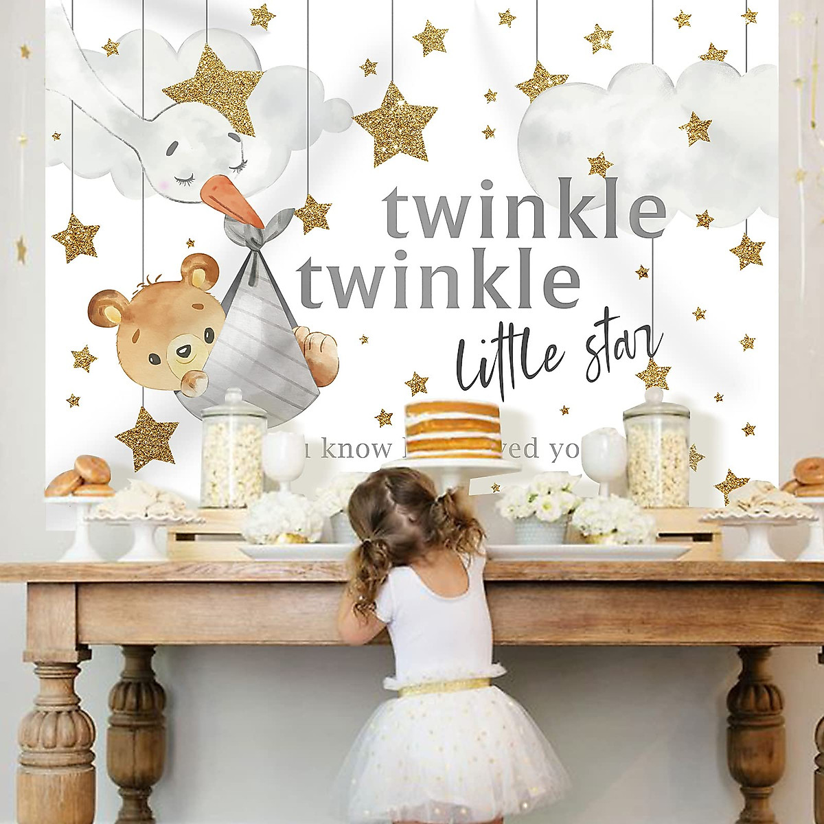 Rsuuinu Twinkle Twinkle Little Star Backdrop Baby Bear Gold Stars Clouds Baby Shower Birthday Newborn Photography Background Baby Kids Wall Decorations Party Banner Supplies Photo Booth Props 7x5ft