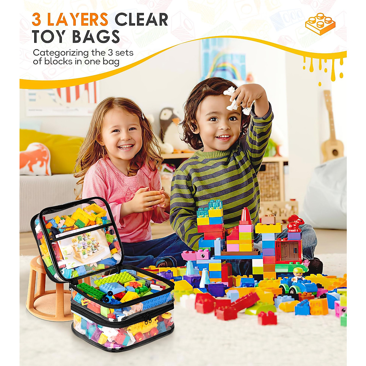 MISSLO 3-Layer Storage Organizer with 3 Manual Pockets Clear Storage Bag for Puzzles, Bricks, Building Blocks, Crafts (Black)