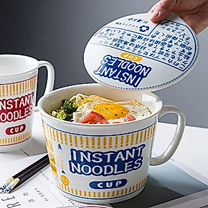 BF BEVYFOG Ramen Bowl Set with Chopsticks 32 OZ Large Ceramic Instant Ramen Noodle Bowls with Lid Gift Wrap Cute Japanese Soup Bowl with Handle, Microwave Safe (Blue)