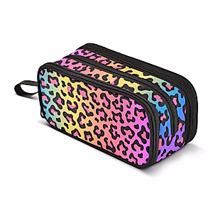 CHIFIGNO Large Capacity Neon Rainbow Leopard Print Pencil Case Zipper Pencil Bag Pouch Holder Box Cosmetic Makeup Bag for Girl Boy Business Office