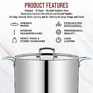 Stockpot – 24 Quart – Brushed Stainless Steel – Heavy Duty Induction Pot with Lid and Riveted Handles – For Soup, Seafood, Stock, Canning and for Catering for Large Groups and Events by BAKKEN