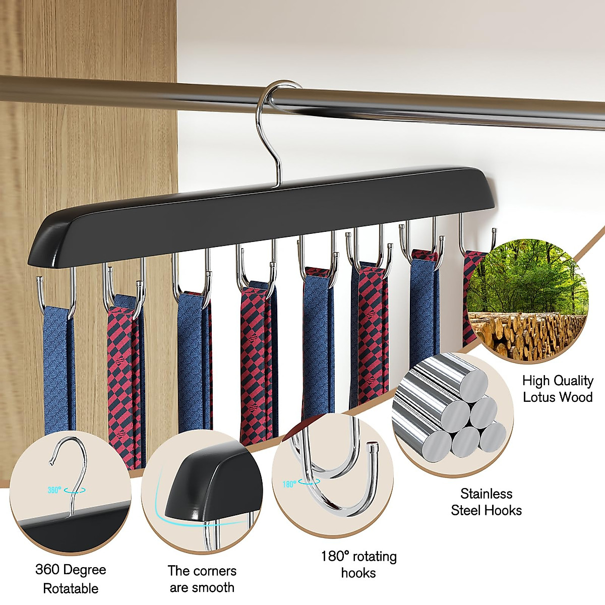 MaxGear Belt Hanger for Closet Max 42 Belts, Lotus Wood Belt Organizer with 14 Hooks, 360°Rotating Belt Holder Large Capacity Belt Rack for Belt, Tie, Bra, Tank Top & Underwear Storage - Black, 1 Pack