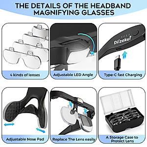 Dilzekui Magnifying Glass with Light 1.5X to 5.0X, Rechargeable Magnifying Glasses Head Magnifier, Lighted Magnifying Glass with Carry Case, 4 Lenses, Magnifying Headset for Close Work Crafts Jewelry