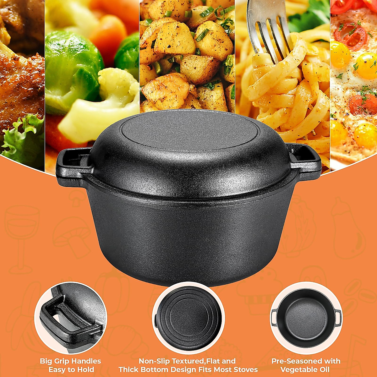 LIFERUN Dutch Oven Pot with Lid, 5.1 Quart Pot without Lid + 1.9 Quart Lid - Cast Iron Dutch Oven with Lid - Lid Doubles as Cast Iron Skillet - Silicone Handle Holders, Iron Stand - Use in the Oven, Stove, BBQ, Grill, Campfire