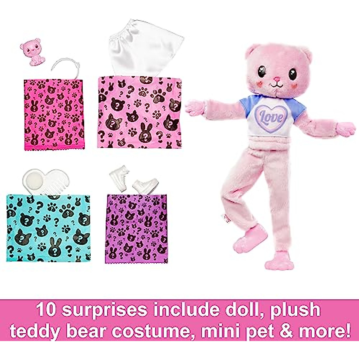 Barbie Cutie Reveal Doll with Pink Hair & Teddy Bear Costume, 10 Suprises Include Accessories & Pet (Styles May Vary)