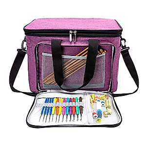 BENGDA Knitting Bags and Totes,Crochet Yarn Organizer with Inner Divider for Knitting Needles,Project and Supplies,Easy to Carry, High Capacity (Purple with Cover)