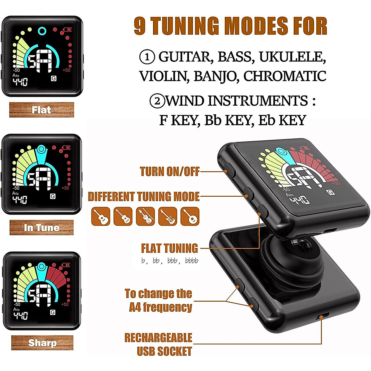 Guitar Tuner Clip on Rechargeable with Metronome Tone Generator for Guitar Bass Ukulele Violin Banjo Chromatic Wind Instrument, Metronome Tuner for All Instruments