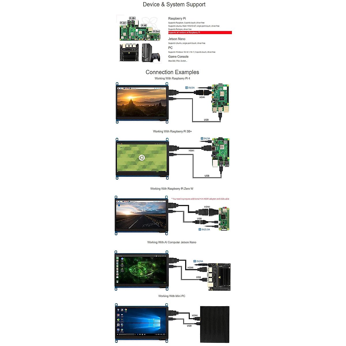XYGStudy for Raspberry Pi Jetson Nano 7inch QLED Quantum Dot Display Capacitive Touch Screen 1024×600 LCD, G+G Toughened Glass Panel Supports Various Devices & Systems