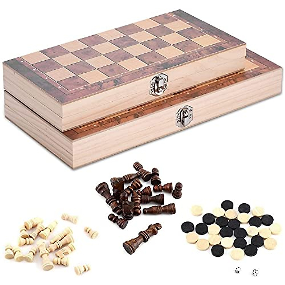 3 in 1 Wooden Chess Set, Folding Board Chess International Checkers Portable Chessboard Game Board Set (29*29cm)