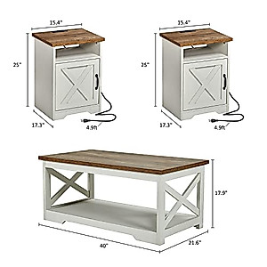 AMERLIFE 3-Piece Farmhouse Table Set Includes Coffee Table& Two End Tables, Side Table with Charging Station and USB Ports, for Living Room, Bedroom, Distressed White