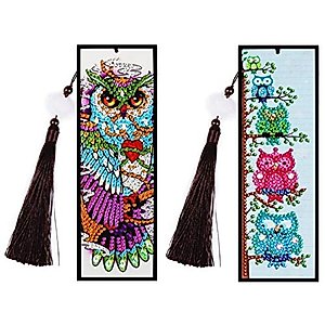 Owl Bookmark Diamond Painting Kit - pigpigboss 2 Packs DIY Bookmark Diamond Painting Set Crystal Rhinestones Diamond Painting Bookmark with Tassel Owl Bookmark Diamond Painting Art (21 x 6 cm)