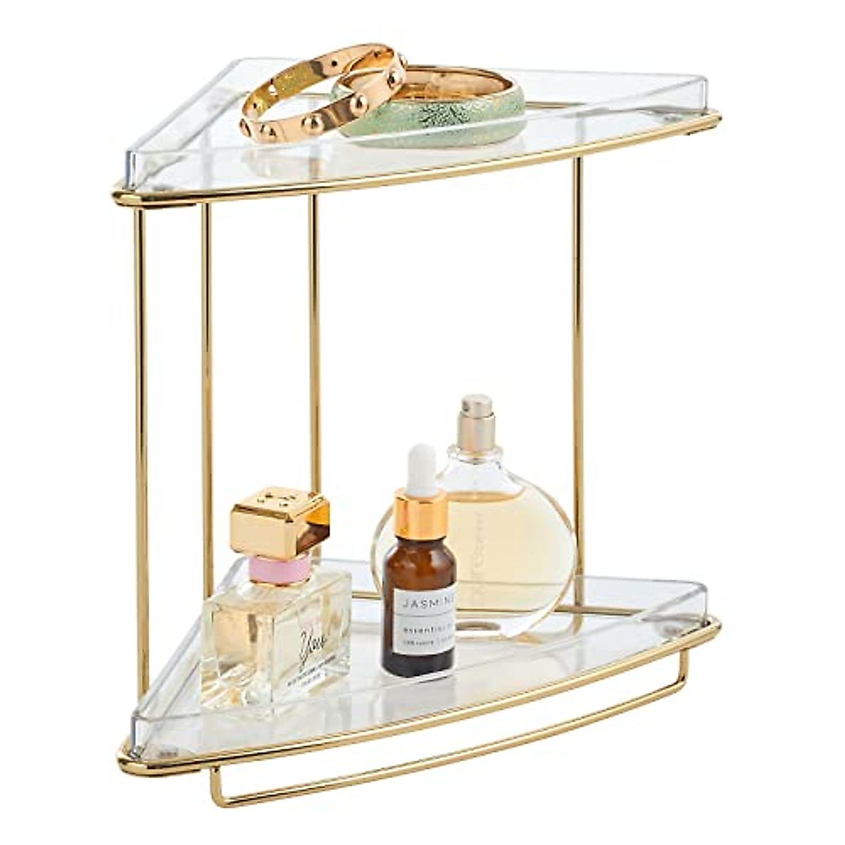 mDesign Steel/Plastic Freestanding Countertop Corner Shelf Organizer with 2-Tier Storage for Bathroom, Vanity, Cabinet, Counter - Holds Makeup, Bath Gel - Prism Collection - 2 Pack - Clear/Soft Brass