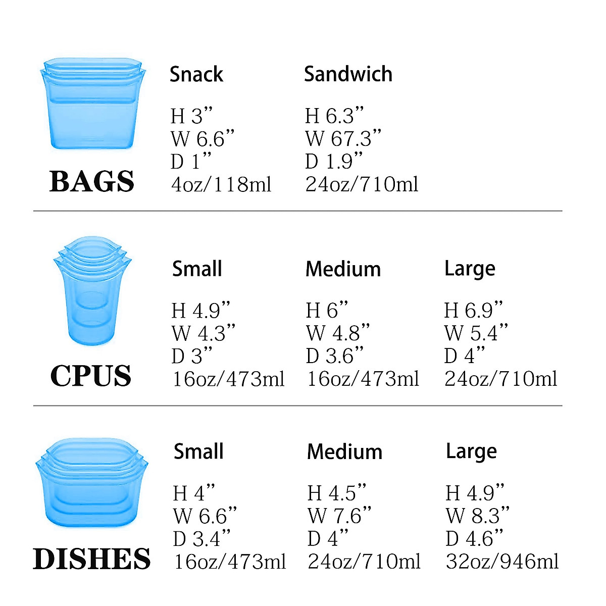 Ami.Todfo Reusable Food Storage Bag 100% Silicone Meal Prep Container Microwave Freezer and Dishwasher Safe Leak-free Bundle 8-Pack Bowls 8 Bag Set Sandwich Snack (Blue)