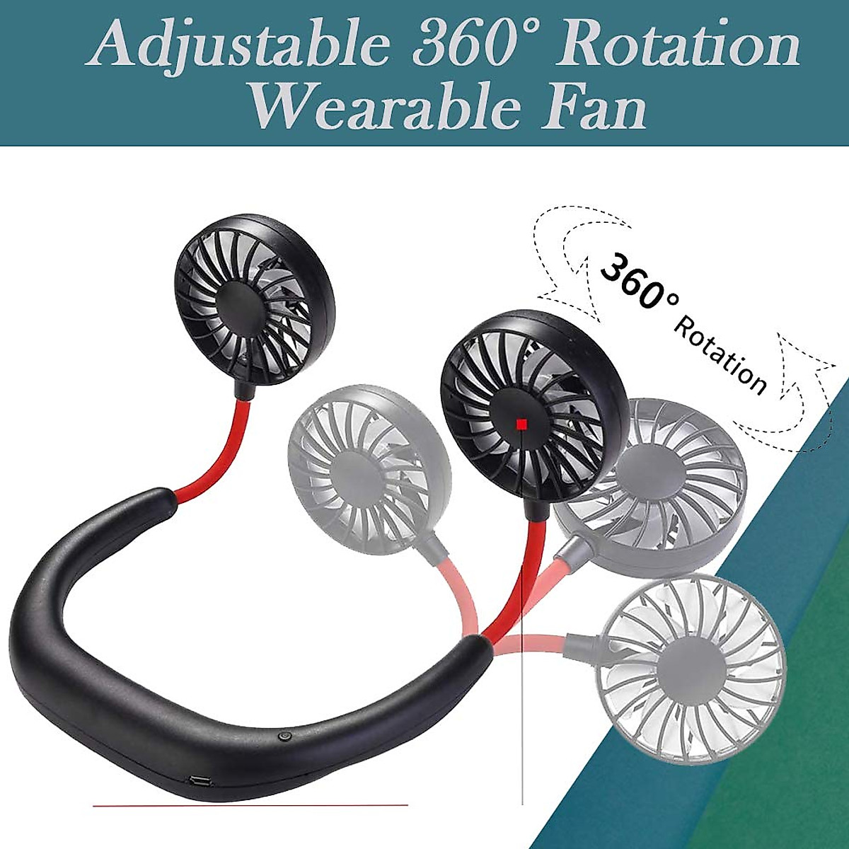 USB Neck Hanging Fan Personal Hands-Free Fan Neckband Fan - Rechargeable 2000mAh/Colorful LED/3 Speeds/360 Degree Headphone Design for Home, Sport, Camping, Beach, Travel, Office - Black