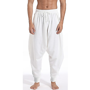 AITFINEISM Men's Drawstring Aladdin Hippie Harem Pants Loose Drop Crotch Trousers (X-Large, White)