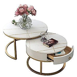 Round Nesting Coffee Table Two-Piece Living Room Coffee Table, Golden Frame Slate Coffee Table with Drawers, Suitable for Small Storage Table in Living Room Office Balcony