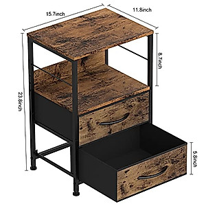 YBING Nightstand Bedroom End Table with 2 Drawers and Open Shelf Wood Industrial Bedside Table with Fabric Storage for Bedroom Living Room Sturdy Dorm Brown