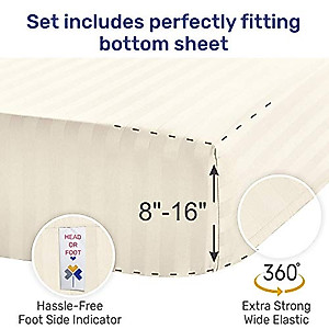California Design Den 500 Thread Count Ivory King Size 6 Piece Sheet Set, Dobby Damask Stripe Sheets, Smooth Sateen Weave Sheet Set (1 Top Sheet, 1 Bottom Fitted Sheet & 4 Pillowcases)