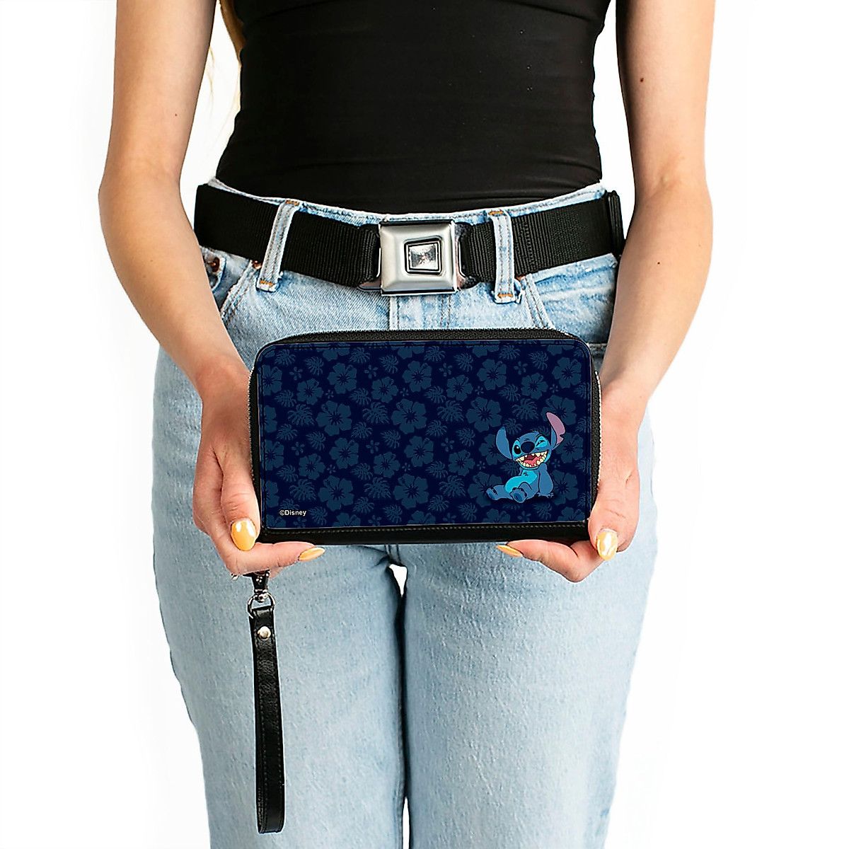 Disney Wallet, Zip Around, Lilo and Stitch Stitch Winking Pose Tropical Flora Black Blue, Vegan Leather
