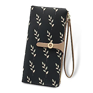 CornerLife Womens Large Wristlet Wallet Bifold with Floral Pattern Card Case Wallet Checkbook Organizer Clutch with Zipper Phone Pocket Girls Cute wallets (Black)