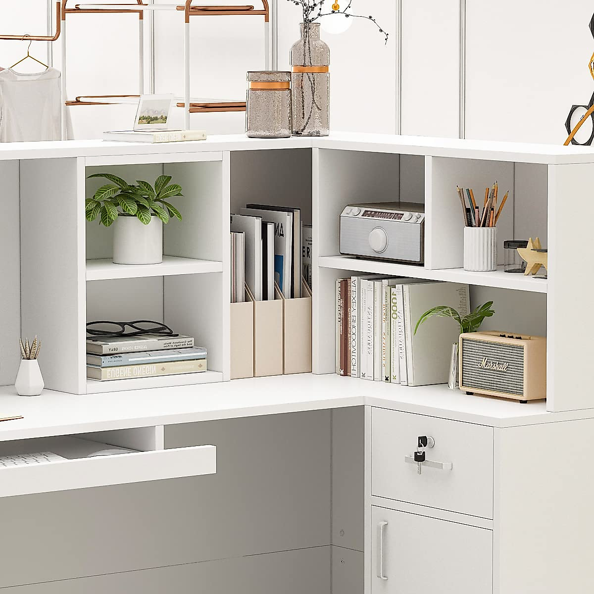 Homsee Reception Desk L-Shaped Office Desk with Counter, 1 Door Storage Cabinet, 1 Lockable Drawer, Hutch Shelf & Keyboard Tray, White