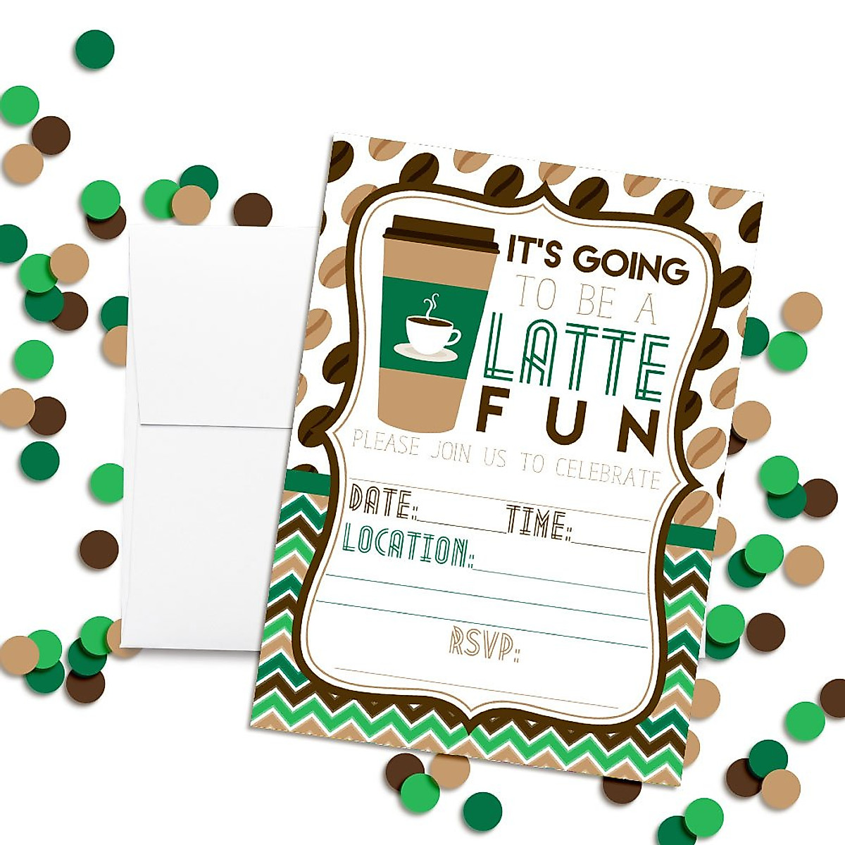 Latte Fun Green and Brown Coffee Birthday Party Invitations, 20 5x7 Fill In Cards with Twenty White Envelopes by AmandaCreation