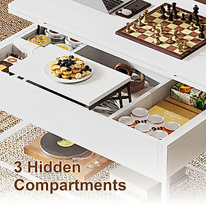 cosimates Lift Top Coffee Table ，4 in 1 Multi-Function Coffee Table with Hidden Compartment ，Convertible Dining Table for Living Room Reception,Home Office, White