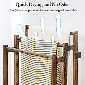 MyGift 3 Tier Freestanding Towel Rack - Rustic Dark Brown Wood Bathroom Towel Drying Stand Holder with Bottom Storage Shelf
