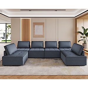 PaPaJet Sectional Sofa, 6 Seater Modular Sectional Couch- Convertible U Shaped Sectional Sofa Couch, 32" Seat Depth Oversized Couch for Living Room, Office (Velvet,Grey)
