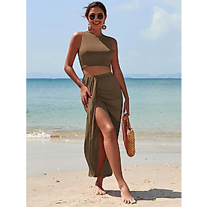 ZAFUL Women's Casual Sleeveless Summer Two Piece Outfits Solid Crop Top and Draped Ruched Maxi Skirt Set Solid Suiting (B-Brown, L)