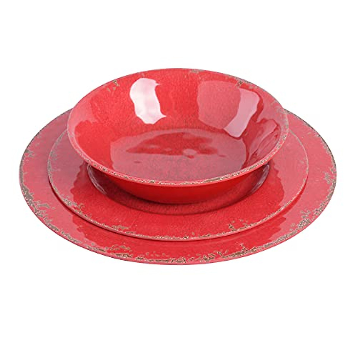 Gibson Home Mauna Melamine Plastic Dinnerware Set, Service for 4 (12pcs), Red Rustic