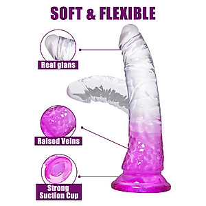 Realistic Clear Silicone Purple Dildo - Bed Secret G Spot Adult Sex Toy for Women Pleasure, 7.9 Inch Soft Small Jelly Dildo with Suction for Beginners & Men Anal Plug Sensory Toys
