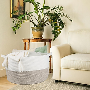 Blanket Basket Living Room, 20"x13" Woven Baskets for Blanket Toy Storage, Cotton Rope Basket for Organizing, Large Laundry Basket for Living Room, Nursery, Pillows, Baby Toy chest