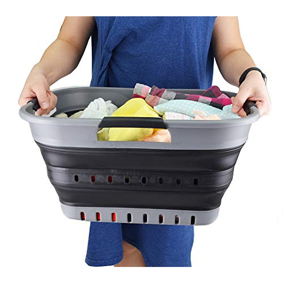 SAMMART 19L (5 gallon) Collapsible Super Mini 3 Handled Plastic Laundry Basket - Foldable Pop Up Storage Container/Organizer - Space Saving Hamper/Basket, (1, Grey/Black)
