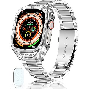 San Jeirie Stainless Steel Case and Band Compatible for Apple Watch Ultra/Ultra 2 Band 49mm,Rugged Apple Watch Ultra 1/2 Case with Metal iWatch Ultra Strap for Men (3-Silver, 49mm (Ultra 1/2))