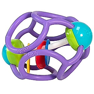 OgoBolli Rattle & Teether Toy for Babies - Tactile Sensory Ball - Stretchy, Soft Non-Toxic Silicone - Ages 6 Months and up - Purple