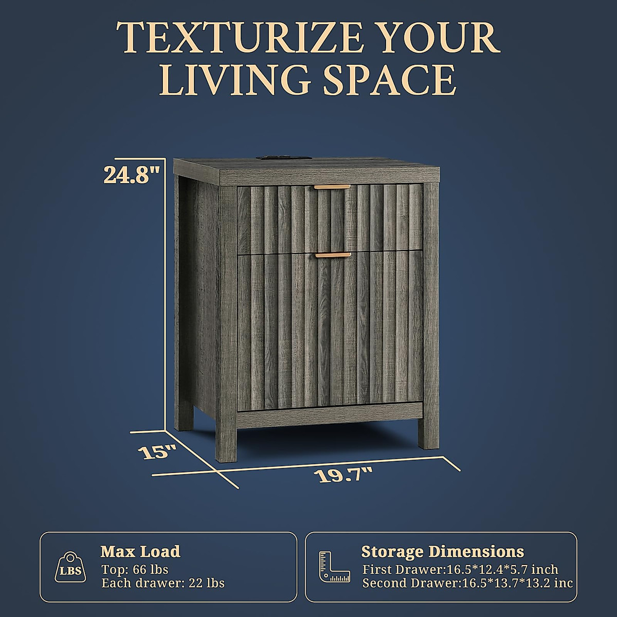 OAKHAM HOME Oxford 2 Drawer Nightstand, End Table with Charging Station, Night Stand with Fluted Panel, Farmhouse Sofa Bed Side Table for Bedroom, Living Room (Midnight Oak)