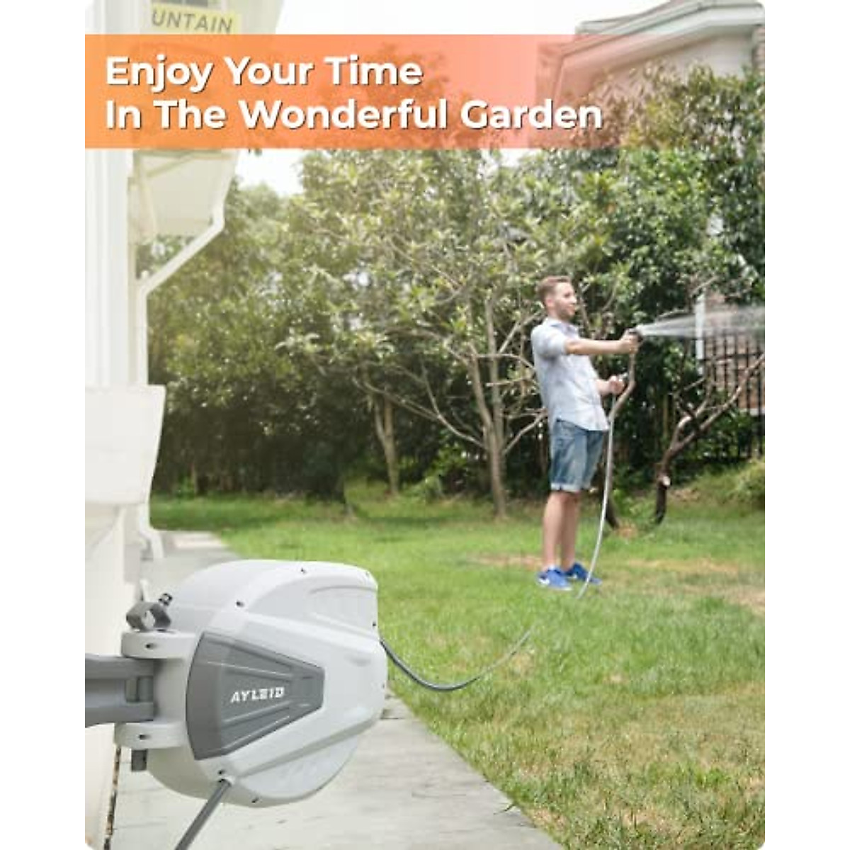 Ayleid Retractable Garden Hose Reel,1/2 in x 100 ft Wall Mounted Hose Reel, with 9- Function Sprayer Nozzle, Any Length Lock/Slow Return System/Wall Mounted/180°Swivel Bracket (Grey)