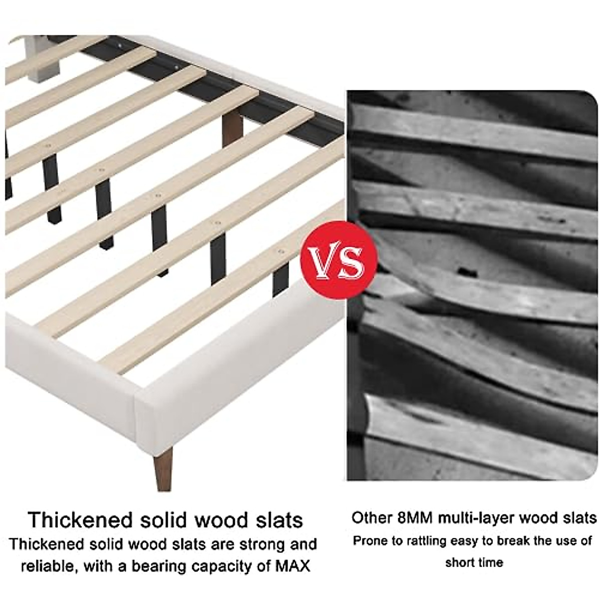 OTRIEK Queen Size Platform Bed, Modern Upholstered Platform Bed, Solid Wood Bed Frame with Vertical Channel Tufted Headboard, No Box Spring Needed for Boys Girls Bedroom (Cream)