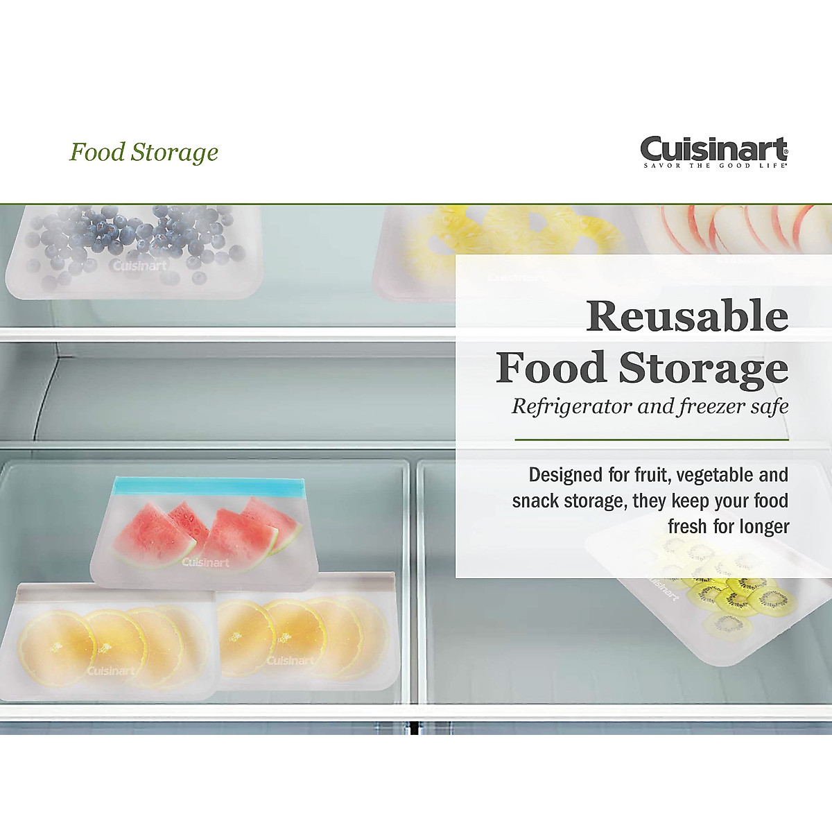 Cuisinart Reusable Food Storage Bags, 12 Pack Gray - Resealable Bags for Food, Leftovers, & Snacks to Store, Freeze or Refrigerate - BPA Free Flat Freezer Bags - Includes Small, Medium & Large