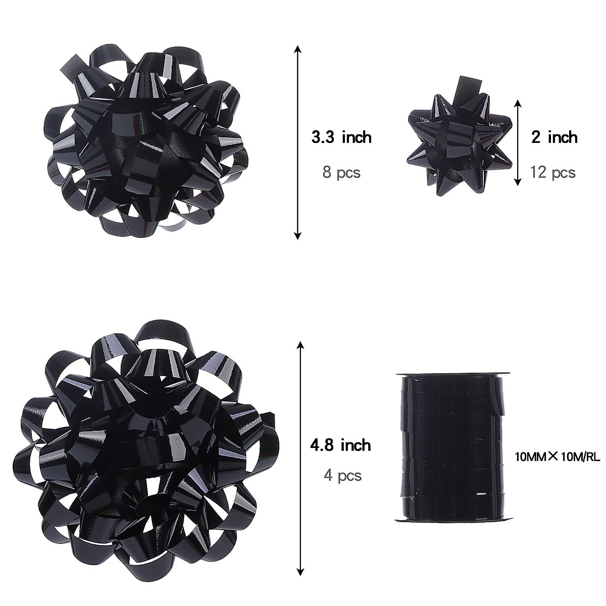 25 Pcs Gift Bows Assortment - 3 Size Gift Bowsand 1 Crimped Curling Ribbons, Perfect for Christmas, Holiday，Birthdays, Weddings, Baby/Bridal Showers, Party (Black)