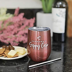 Grandma Gift Insulated Wine Tumbler - 12oz with Steel Straw, BPA Free Lid, Straw Cleaning Brush - Stainless Steel Wine Tumbler - Grandma's Sippy Cup