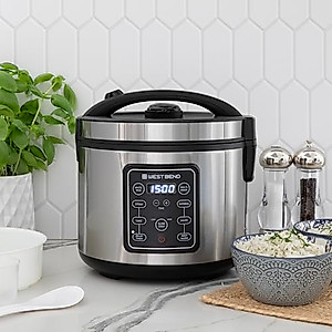 West Bend Rice & Grain Multi Cooker Programmable with 9 Preset Functions, Features Delay Start and Keep Warm Functions and Steam Basket, 20 Cups Cooked, Stainless Steel