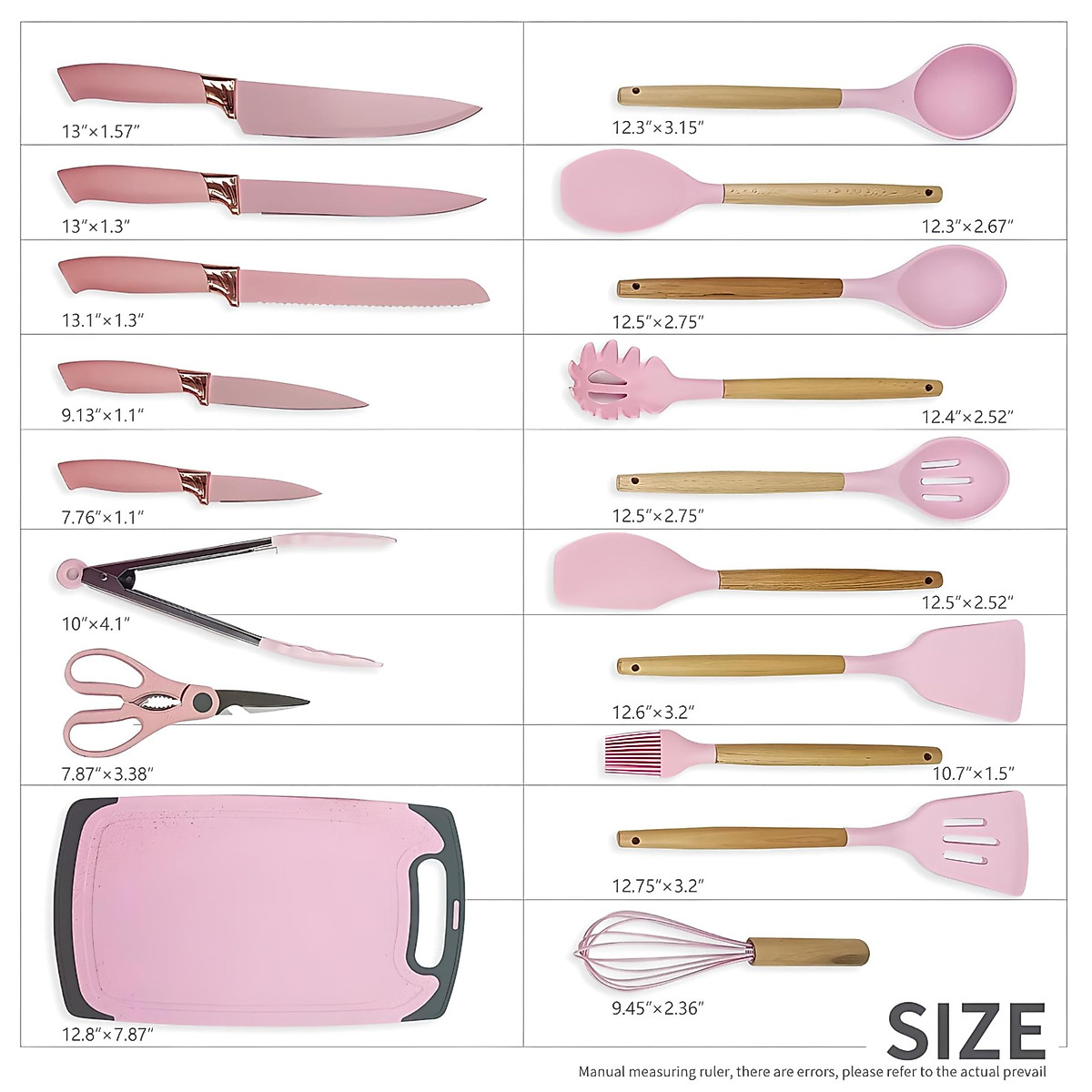 Cooking Utensils Set, 19-Piece Silicone Utensil and Knife Set with Block, Including 11 Silicone Utensils, 5 Stainless Steel Knives, Scissors, Kitchen Utensils Block and Cutting Board by ITZZO-Pink