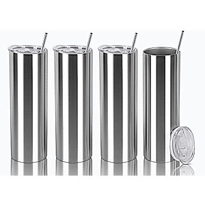 20 Oz Straight Skinny Tumbler Set, Stainless Steel Slim Skinny Travel Tumbler Bulk, Birthday Diy Gift For Women Friends Sisters, 4 Pack, Silver
