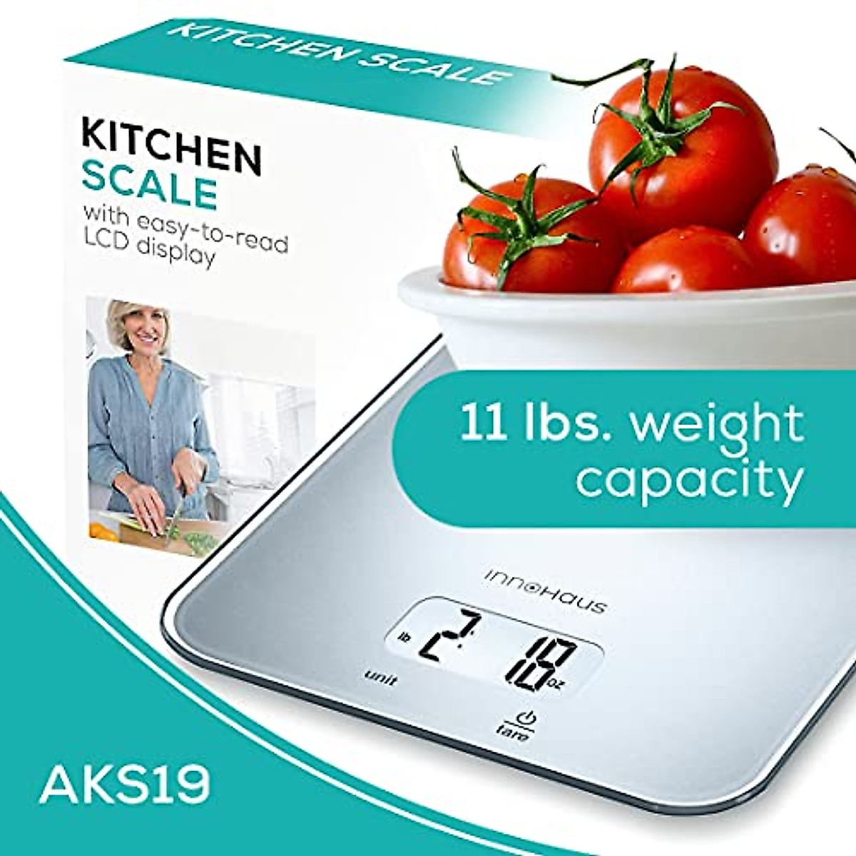 Our Brand - innoHaus Multi-Function Kitchen Food Scale, Digital Display with Tare Function, Precise, Measures in g, oz, lb:oz, ml, fl.oz with Auto-Off, Silver