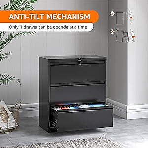 METAN 3 Drawer Metal Lateral File Cabinet for Home Office, Large Deep Metal File Cabinet with Lock, 35.43 Inches Wide for Letter/Legal A4 Size, Assembly Required, Black