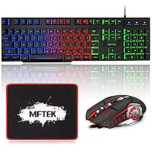 MFTEK Gaming Keyboard and Mouse Combo with Large Mouse Pad, RGB Rainbow Backlit Gaming Keyboard and Illuminated Gaming Mouse, USB Wired Set for Computer PC Gamer Laptop Office Work