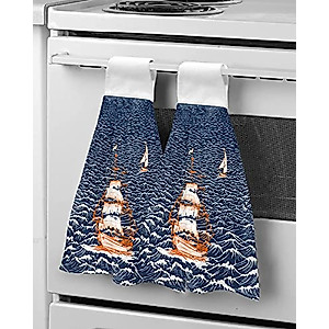 Nautical Adventure Ship Ocean Sailboat Hanging Kitchen Towels Soft Absorbent Hand Tie Towels Set with Hook&Loop,Rough Sea Waters Seascape Tea Bar Dish Cloths Towel for Bathroom Laundry Room BBQ,1pc