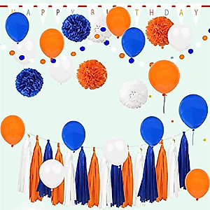 Carnival Navy Blue Orange White 38pcs American Birthday Bachelorette Baby Shower Wedding Party Decoration Kit - - 12" 10" Tissue Pom Pom, 12' Latex Balloon, Paper Tassel, Circle Dot Garland